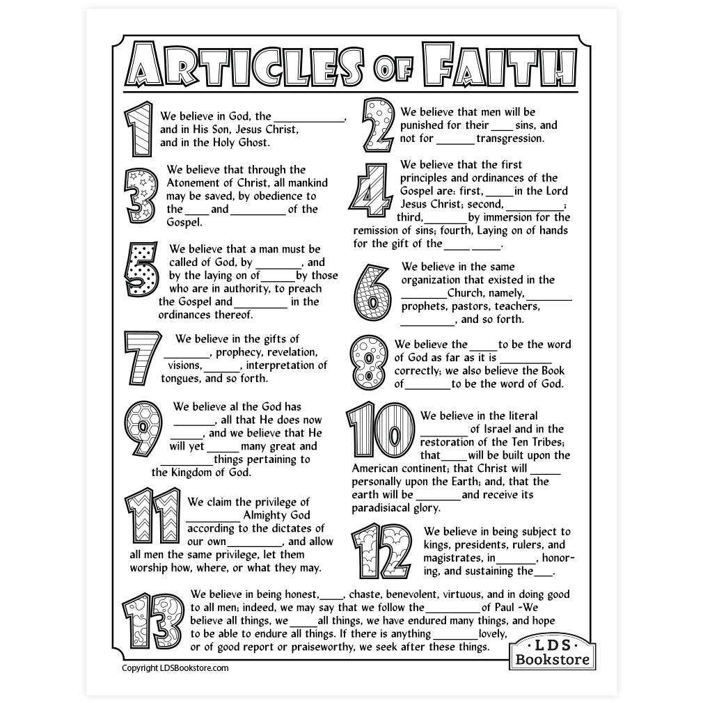 Articles Of Faith Coloring Activity Page Printable Articles Of Faith Coloring Activity Page Printable
